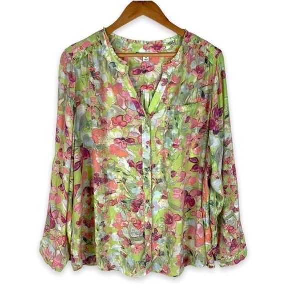 Zac & Rachel | Tops | 4 Zac Rachel Woman Green Floral Roll Tab Sleeve ...